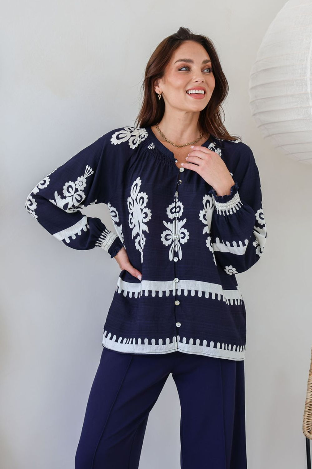 Filmore Button Border Top | Indigo/Ivory | Silvermaple Boutique