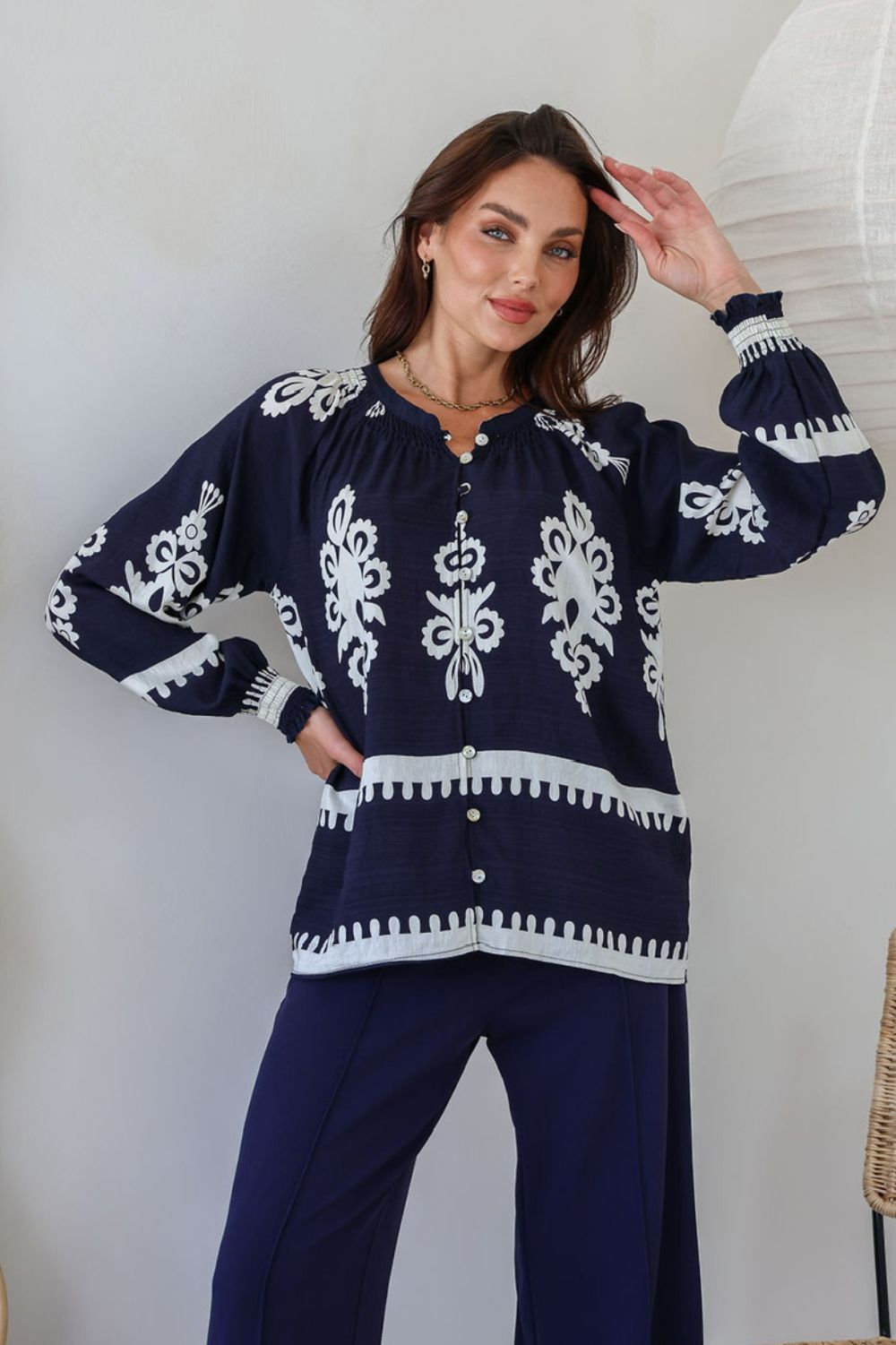 Filmore Button Border Top | Indigo/Ivory | Silvermaple Boutique